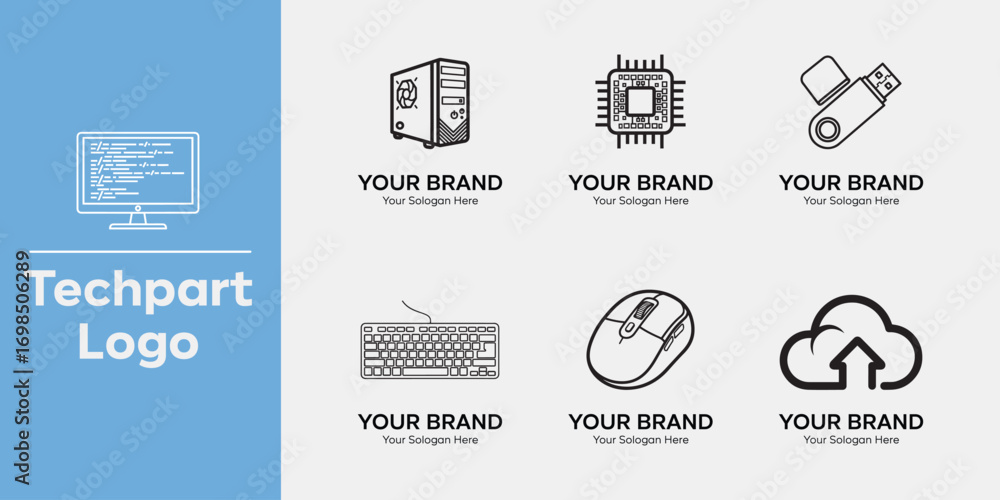Tech-themed logos including monitor with code, microchip, USB, cloud upload, and peripherals ...
