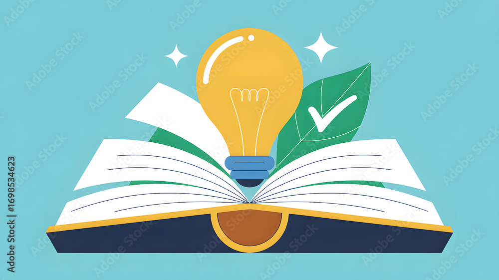 Knowledge Spark: An open book reveals the light of knowledge. A bright ...