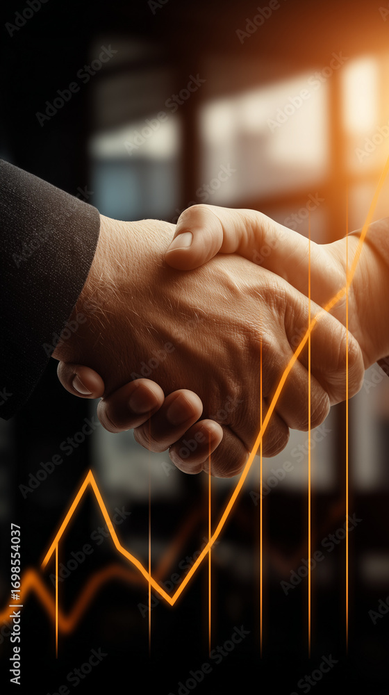 Business handshake with rising line chart representing partnership ...