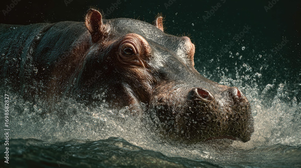 a hippopotamus in water, surrounded by bubbles. it has large eyes, and ...