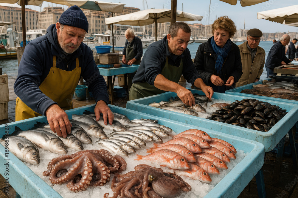 A bustling outdoor fish market in Marseille, France, where vendors sell ...