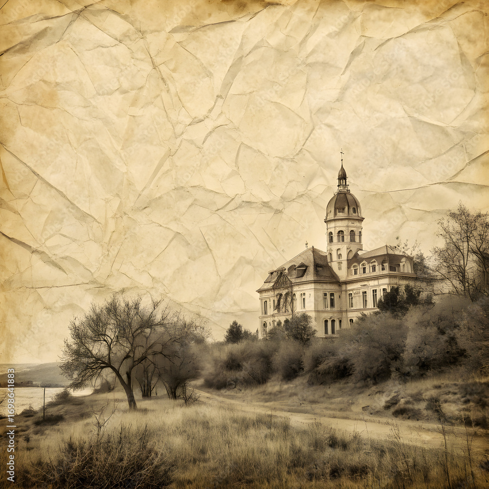 Sepia Toned Old Mansion on a Hill with Crumpled Paper Texture Overlay ...