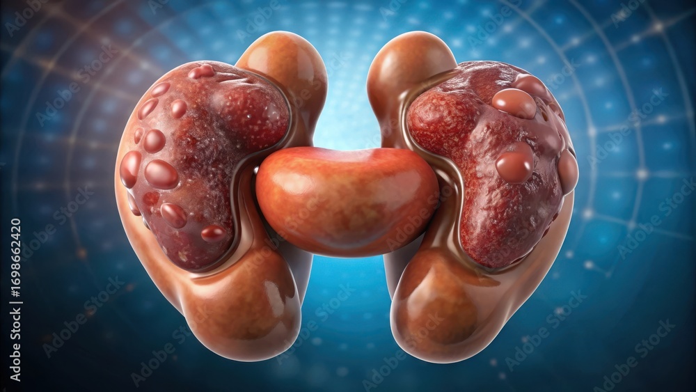 Detailed 3d realistic human adrenal glands situated above the kidneys ...