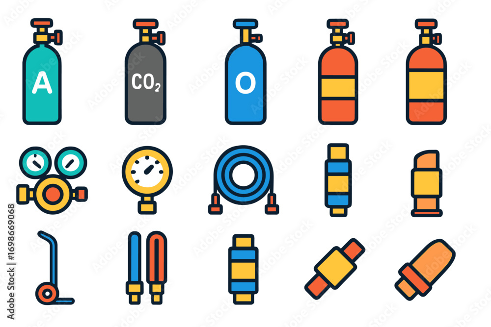 Welding Gas Icons. Flat vector icons of welding gases and regulators ...
