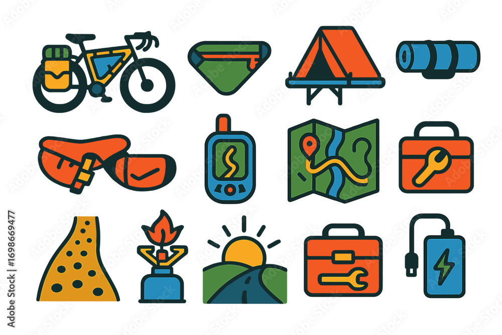 Bikepacking Essentials Icons. Flat vector icons of bikepacking: loaded ...