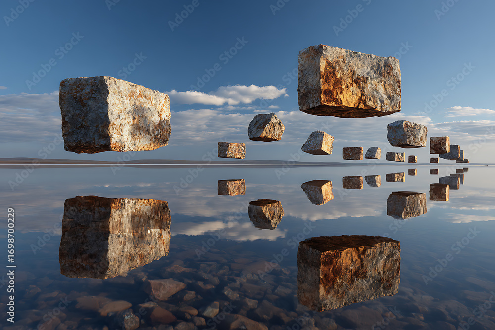 Floating stone blocks surreal landscape reflection art design abstract ...