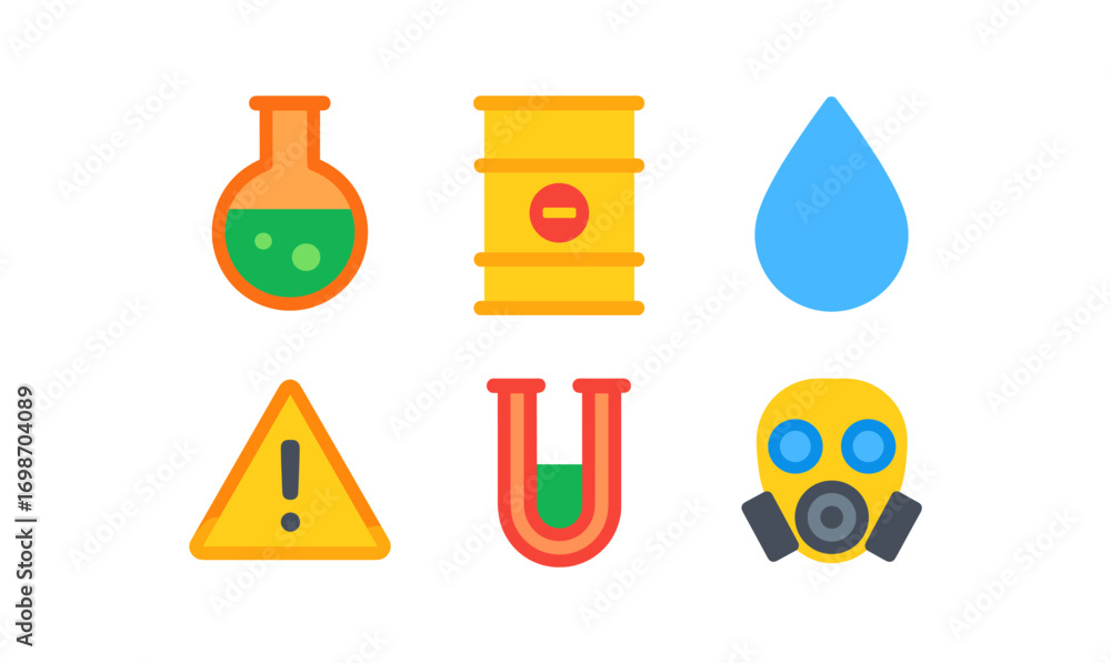 Chemical industry icons set: safety, laboratory tools, and hazard ...