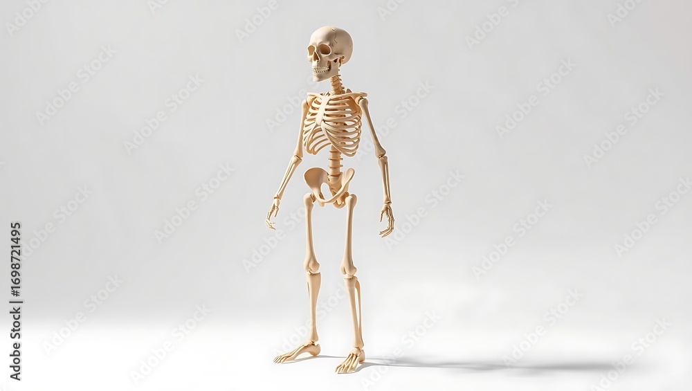 Anatomical model of a human skeleton standing upright on a white ...