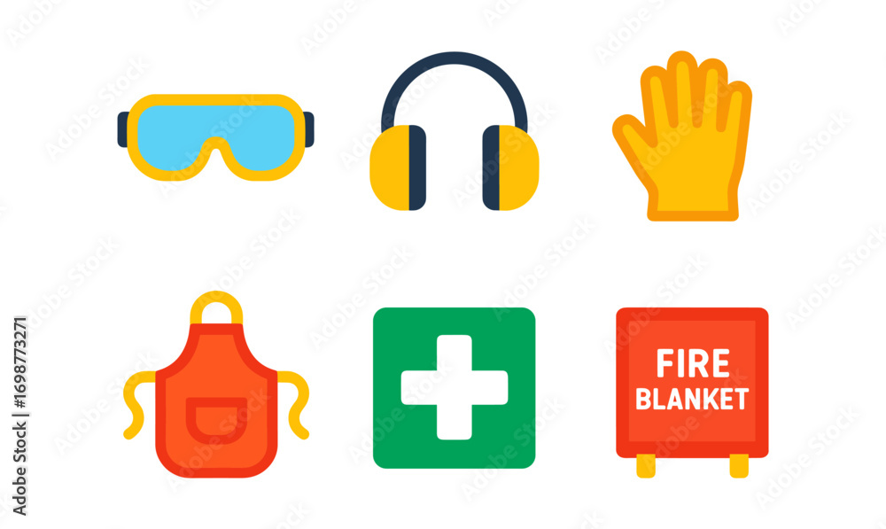 Safety equipment icons for laboratory and workplace: goggles ...