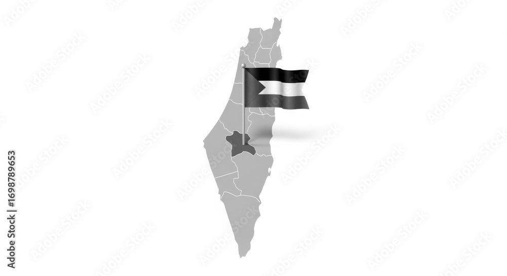 A stylized map of palestine is shown with its national flag waving over ...