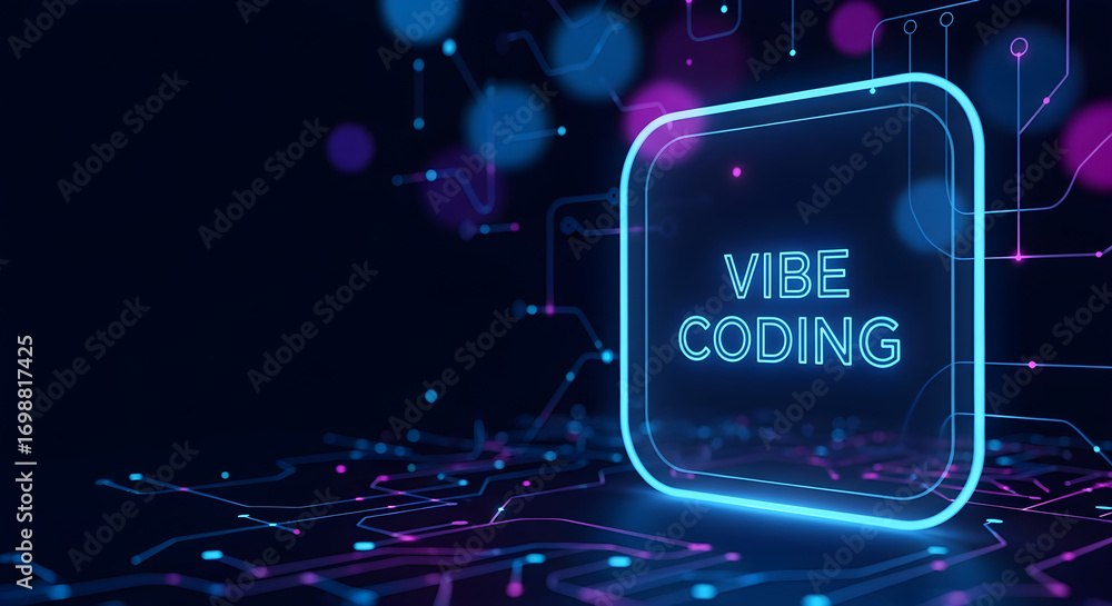 Futuristic concept of vibe coding with glowing neon text inside a frame ...