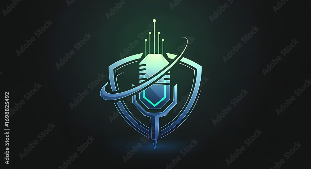 Futuristic microphone emblem with shield and glowing circuit lines ...