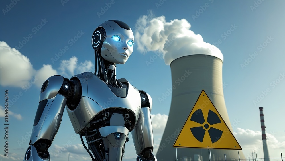 A robot with a nuclear plant under a clear sky, near a radiation ...
