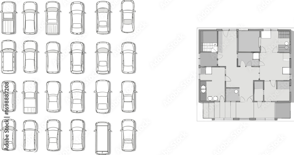 Top-down view of cars parked in a grid formation next to a detailed ...