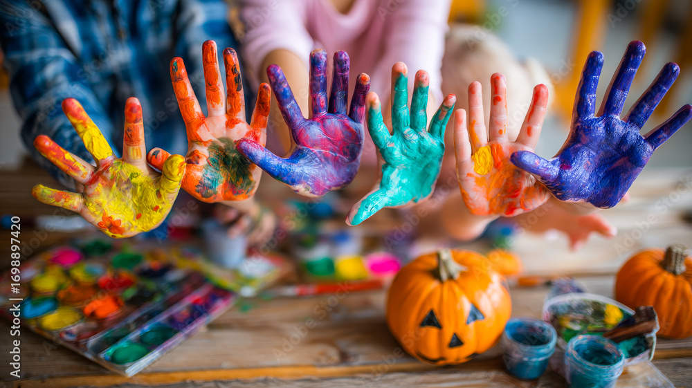 Fall handprints celebrate art. Children show off their colorful ...