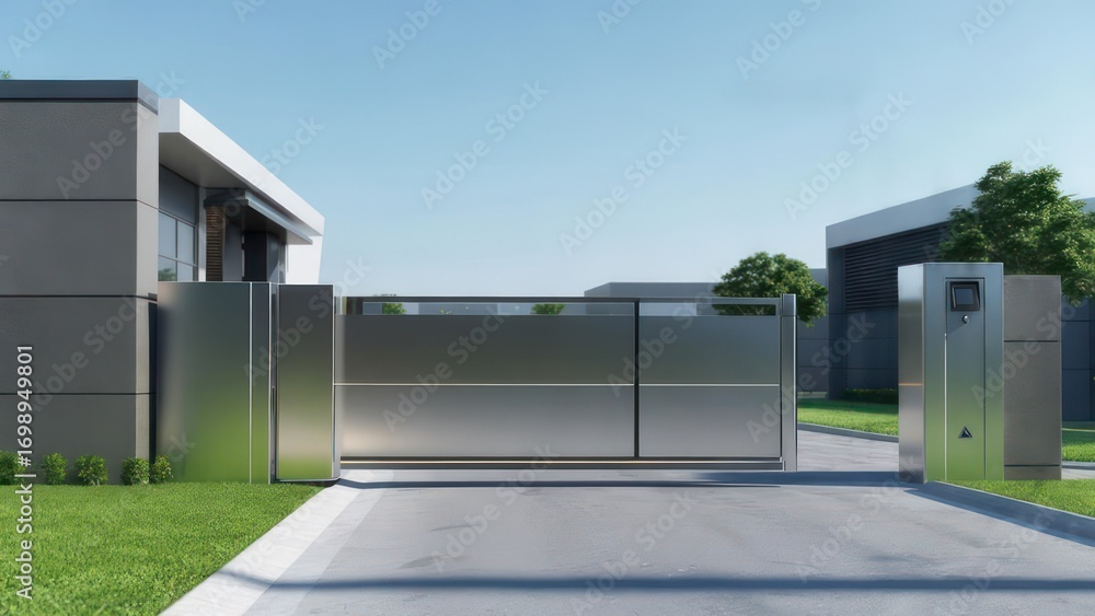 Minimalist Modern House Entrance with Automated Sliding Gate and Smart ...
