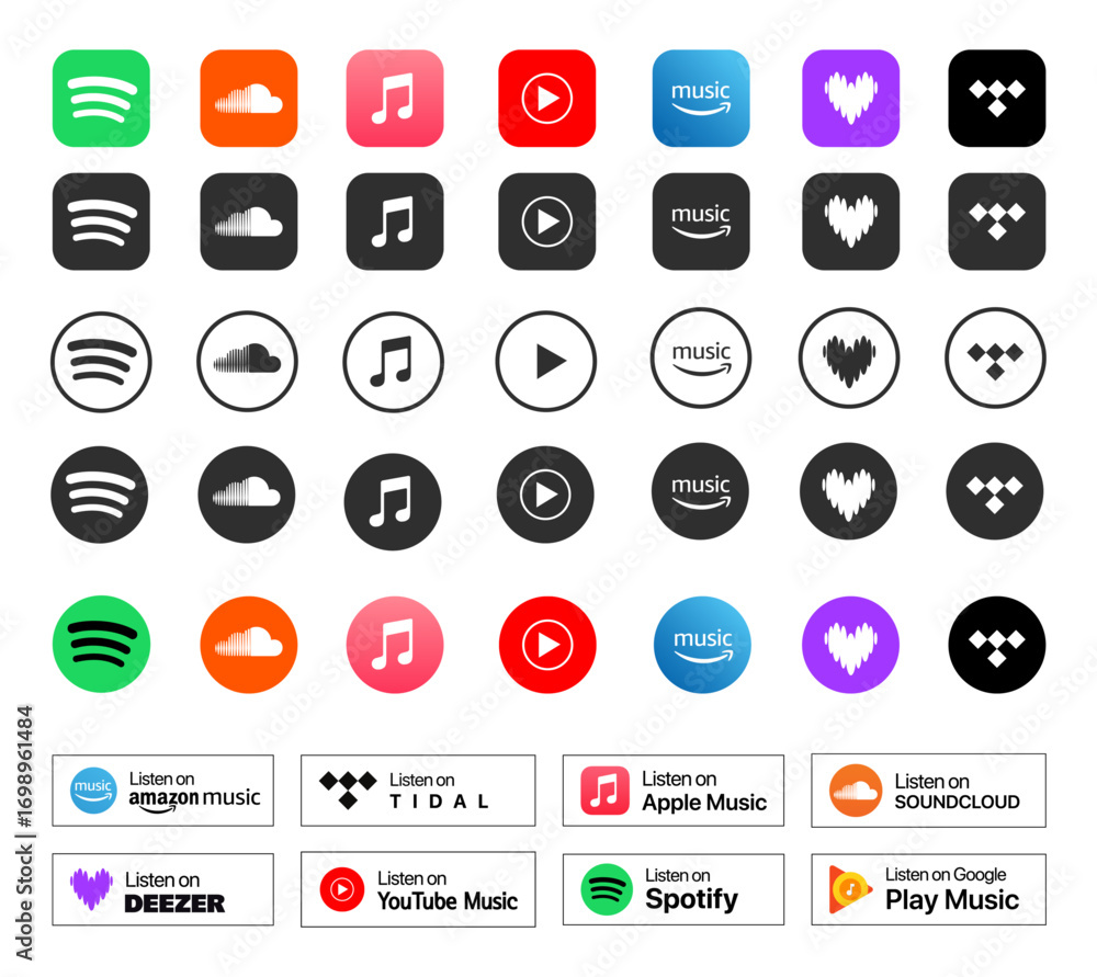 Music streaming app icons vector set with badge listing. Spotify, Apple ...