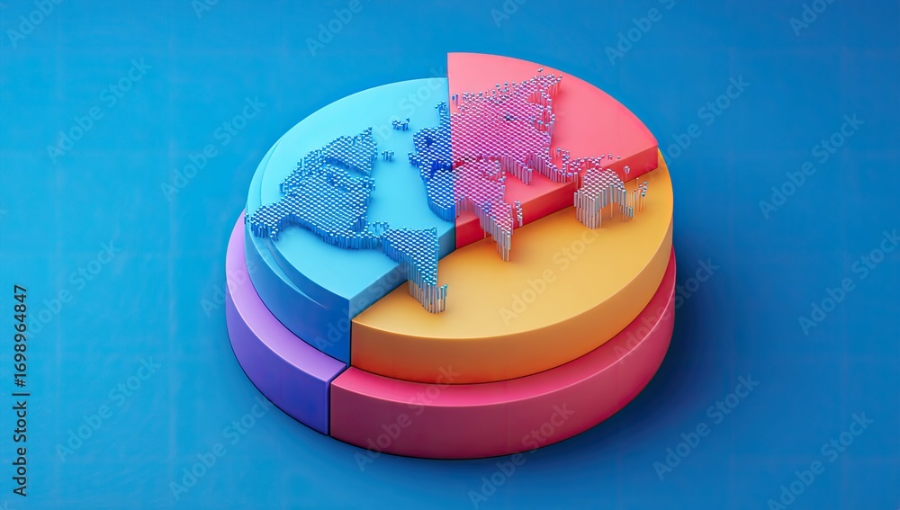 World map divided into pie chart segments, showcasing regional ...