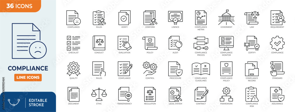 Compliance line editable icon set. Contain icons related to compliance ...