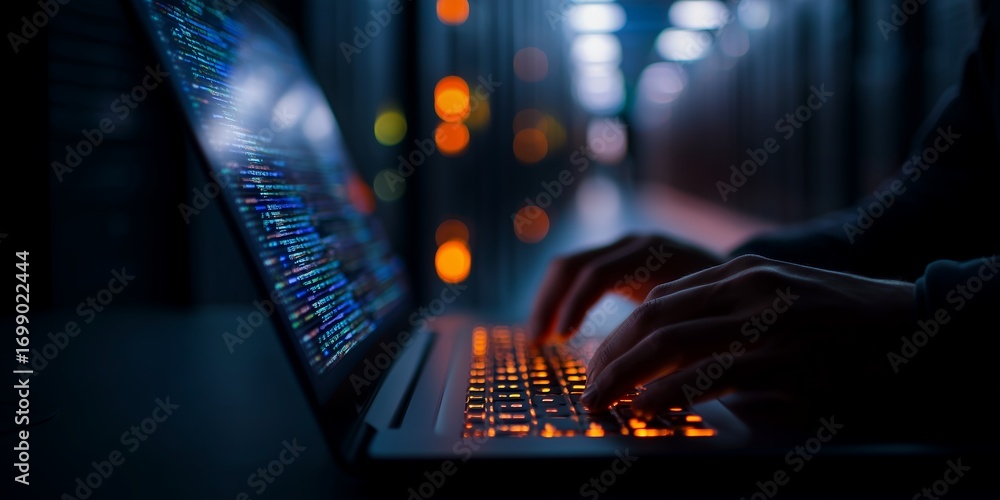 Close up of a person's hands coding on laptop keyboard with blurry ...
