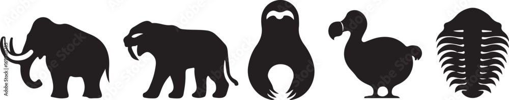 Silhouettes of extinct and prehistoric animals including mammoth saber ...