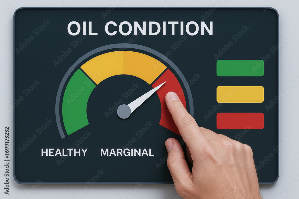 Oil analysis industry dashboard showing gauge indicating poor oil ...