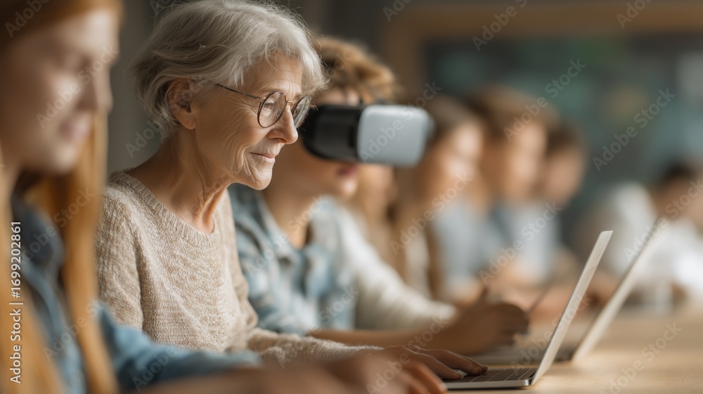 A diverse group of people from teenagers to seniors learning new skills ...