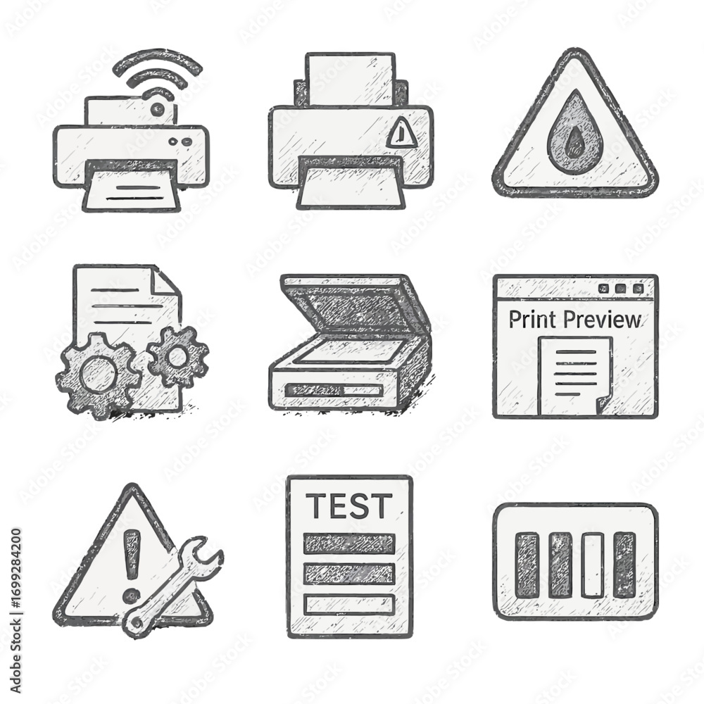 Sketchy office devices and safety signs collection for print management ...