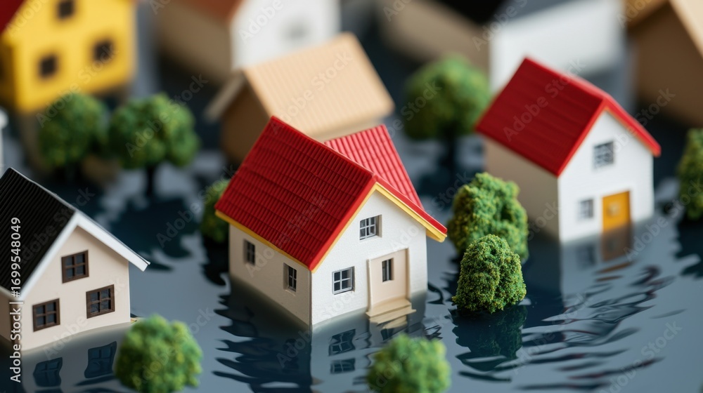 Foto de Stock Miniature houses in water illustrating flooding, natural ...