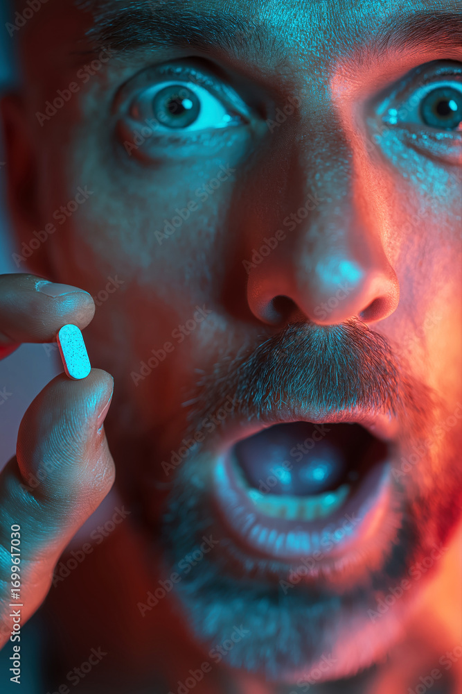 crazy man drug addict uses an LSD ecstasy pill in a nightclub Stock ...