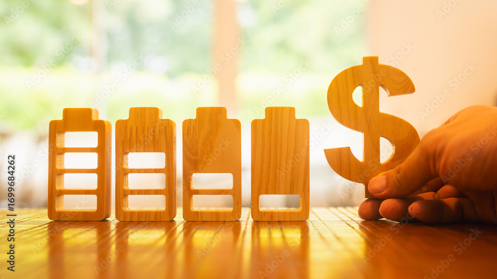 Wooden battery icons with decreasing levels beside a dollar sign ...
