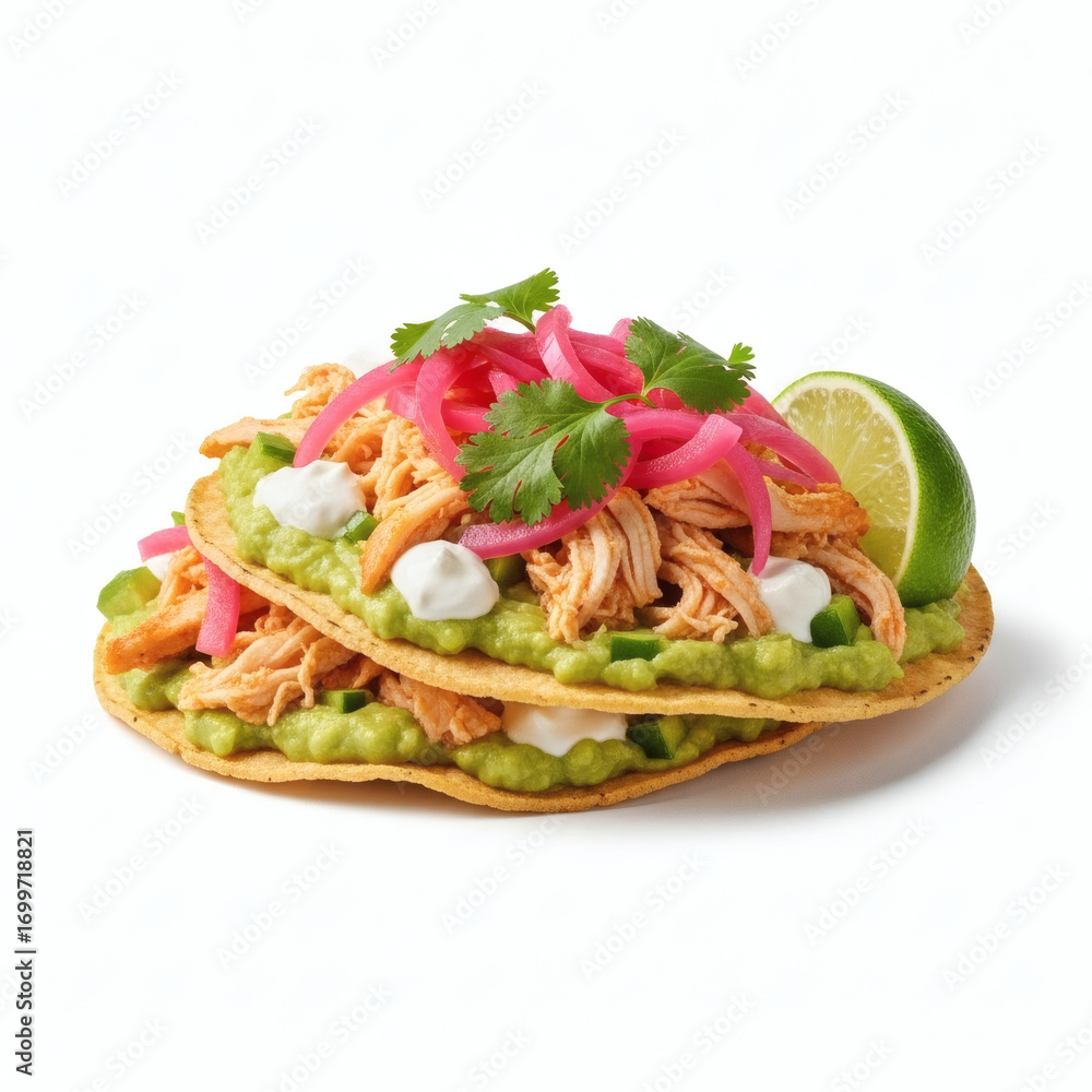 Stack of Two Chicken Tinga Tostadas with Guacamole and Pickled Onions ...