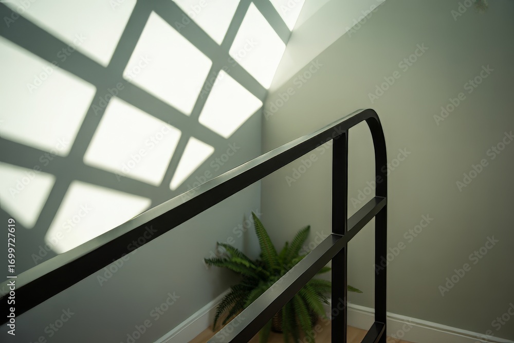 Geometric light patterns cast on a textured wall near a sleek metal ...