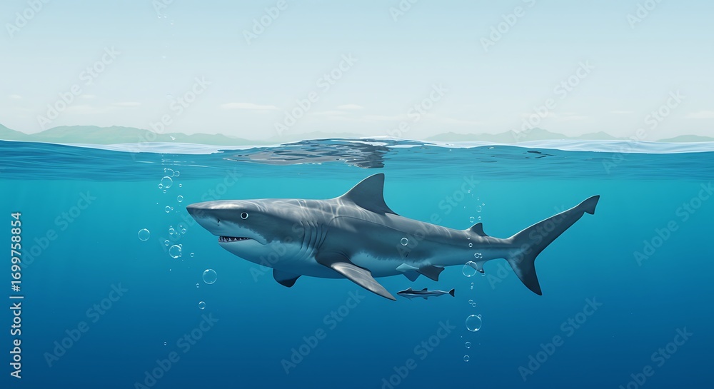 A majestic great white shark swims gracefully underwater with a remora ...