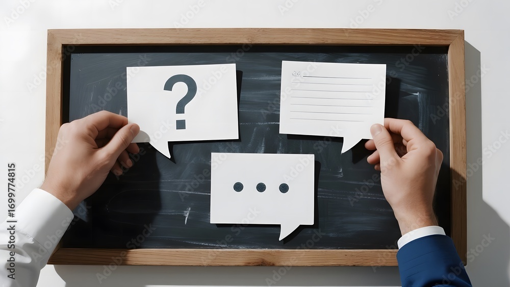 Hands placing paper cutouts with question mark, ellipsis, and blank ...