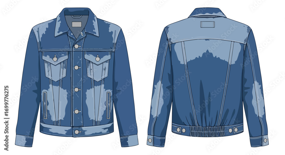 Denim jacket technical drawing showcasing the front and back design ...