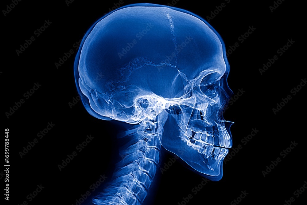 A detailed x-ray image of the human skull is shown, highlighting its ...