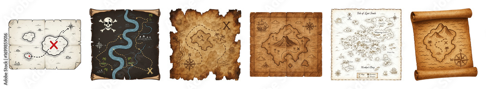 Pirate treasure map set including old, folded, dark, and scroll designs ...