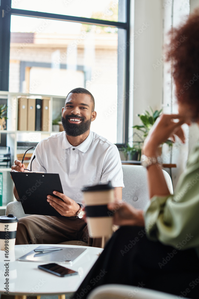 Engaging conversation during a job interview in a modern office setting ...