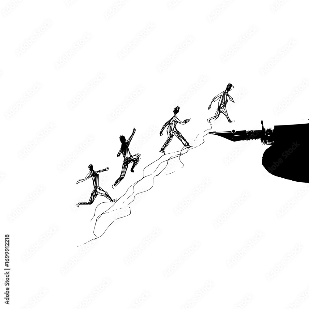 People sketched climbing a hill towards a fountain pen on a white ...