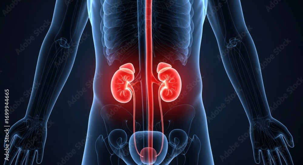 This medical illustration showcases the kidneys and the urinary system ...
