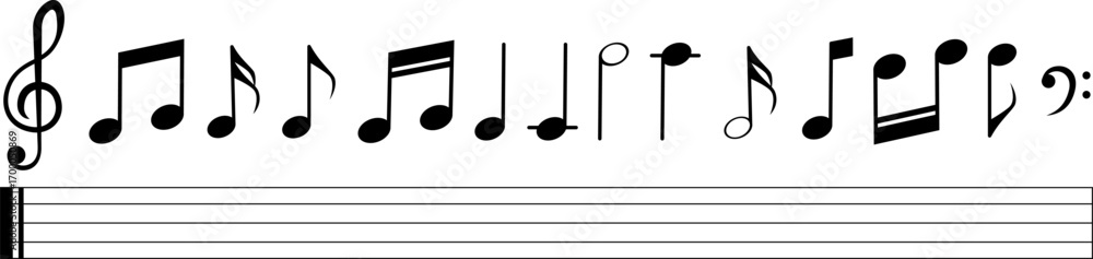 Musical notes and clef symbols with staff isolated on transparent ...