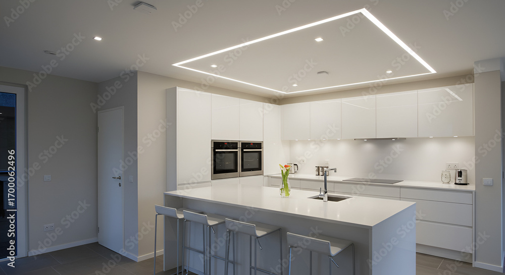 "Design a minimalist interior using a stretch ceiling system with ...
