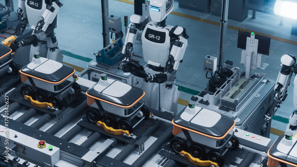 Advanced Humanoid Robots Connect Mechanical Components on a Conveyor ...