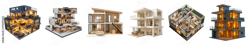 Modern house design set including cutaway views, exterior renders, and ...
