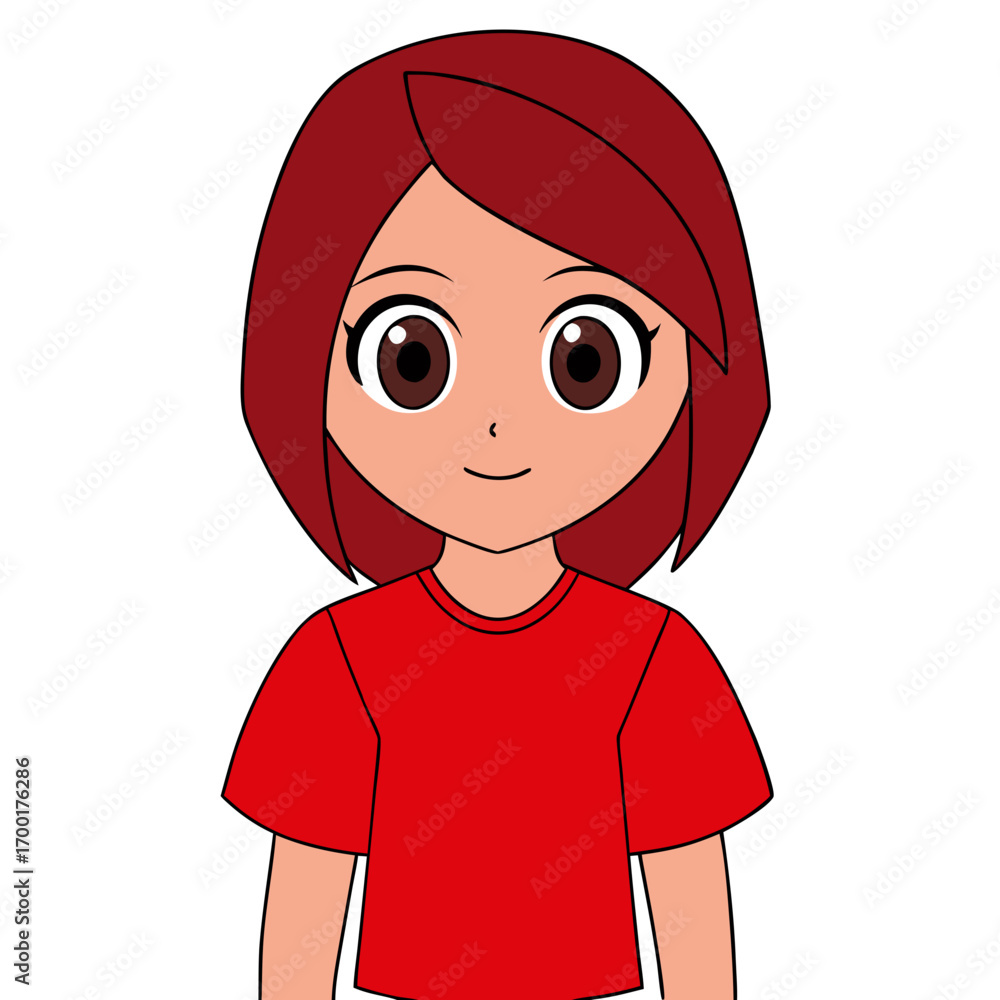 Cute cartoon girl with red hair and shirt, featuring friendly ...