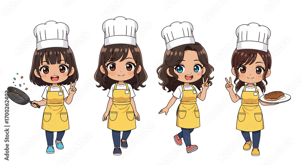 Vector cartoon illustration set of diverse young female chefs, a cute ...