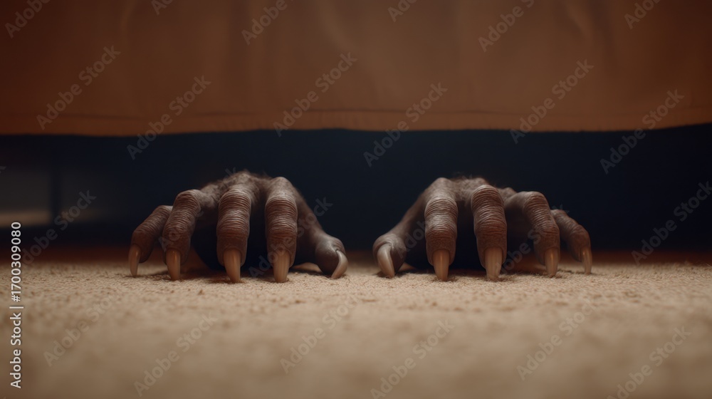 Sinister Hands Emerging from Under Bed, Creepy Clawing Gesture in Dim ...
