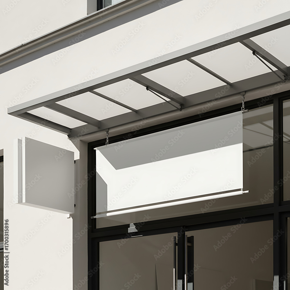 Blank double signs hanging from a store awning Stock Photo | Adobe Stock