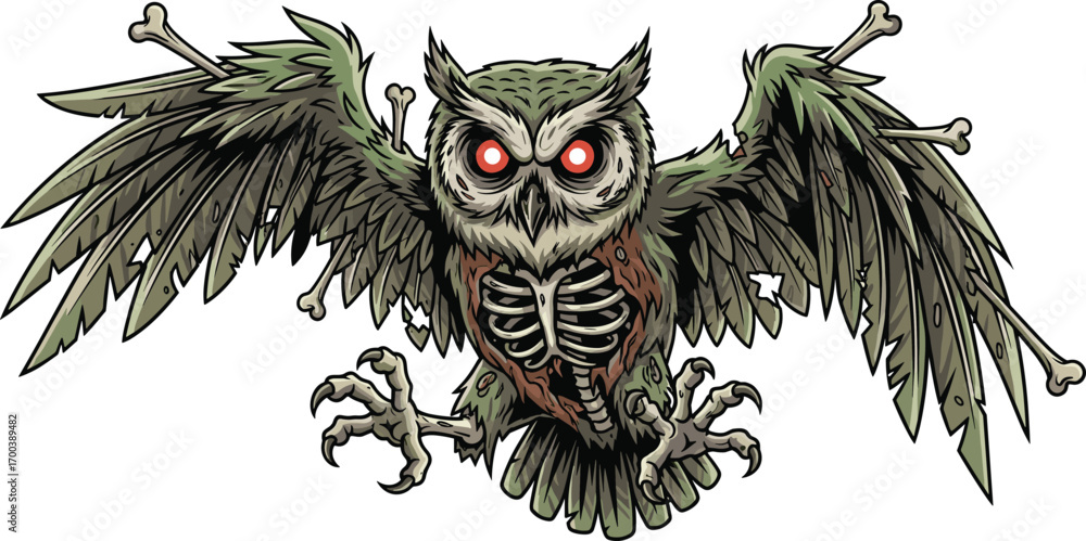 Creepy zombie owl with glowing red eyes, exposed ribs, broken bones in ...